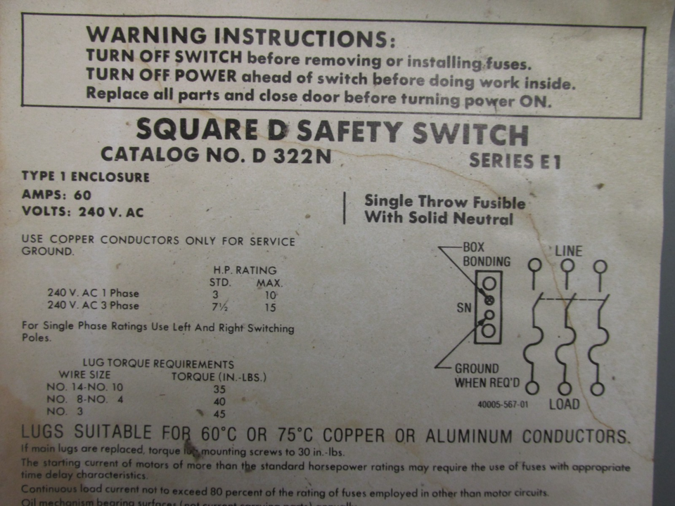SQUARE D SAFETY SWITCH 3PH, 60A, 240V, CAT# D322N ... DS-754 | eBay