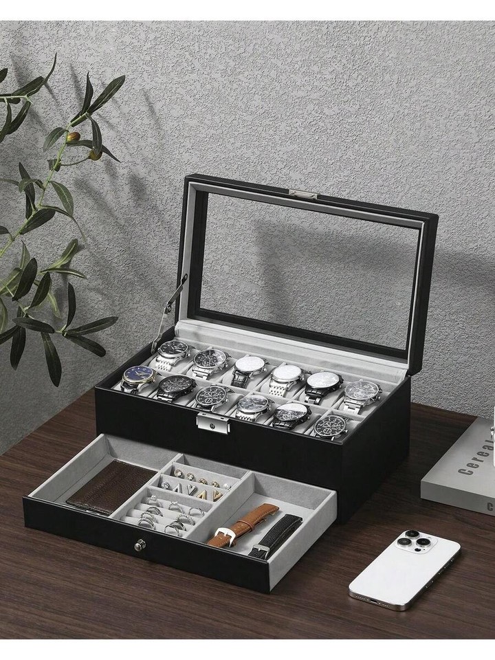 1 Pcs 12-Slot Lockable Watch Box With Glass Lid And Drawer -Black ...