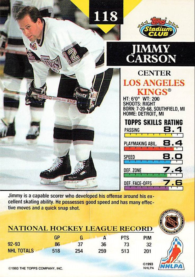 1993 Stadium Club #118 Jimmy Carson Los Angeles Kings | eBay