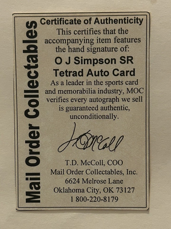 1994 Signature Rookies Tetrad OJ Simpson Auto HOF Bills Coa Autograph ...