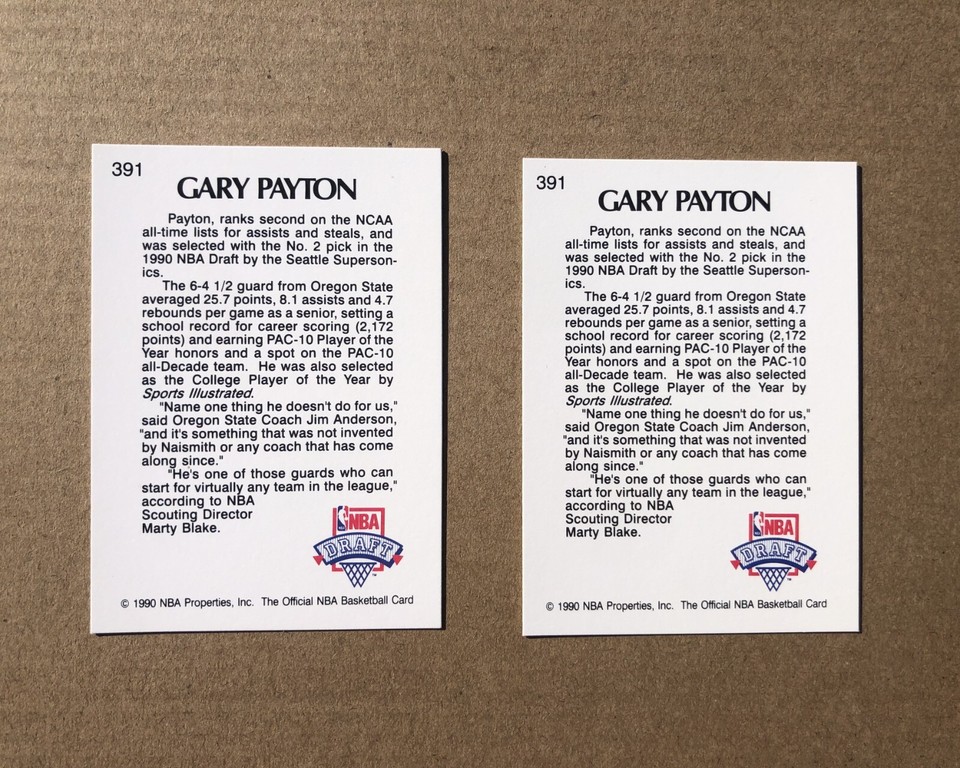 1990-91 NBA Hoops Gary Payton #391 Lottery Pick RC Seattle SuperSonics ...