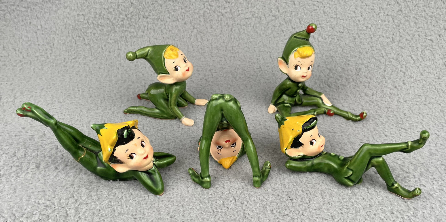 Vintage Elves Pixies Ceramic Kitschy Green Christmas Tumbling ...