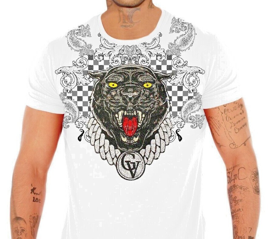 Avenue George V Paris T-Shirt Wild Bling Rhinestone Men's White fitted ...