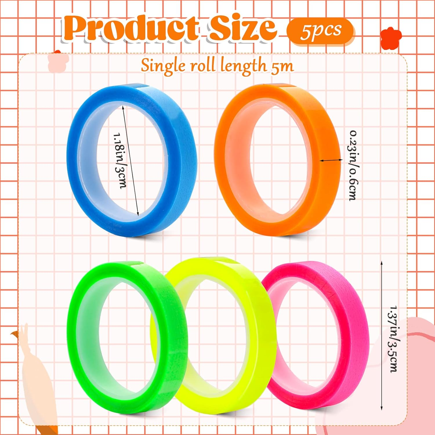5 Rolls Highlighter Tape Colored Transparent Marking Sticker Removable ...