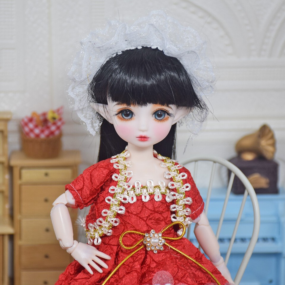 Beautiful 1/6 BJD Doll with Red Dress Black Hair Elf Ears Doll Lifelike ...