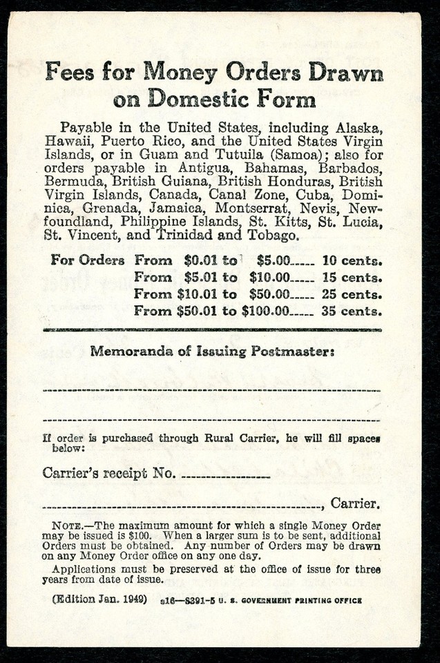 Edition Jan. 1949 Post Office Form #6001 Fees For Domestic Money Orders ...