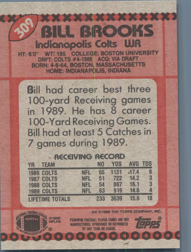 1990 Topps Indianapolis Colts Bill Brooks #309b | eBay
