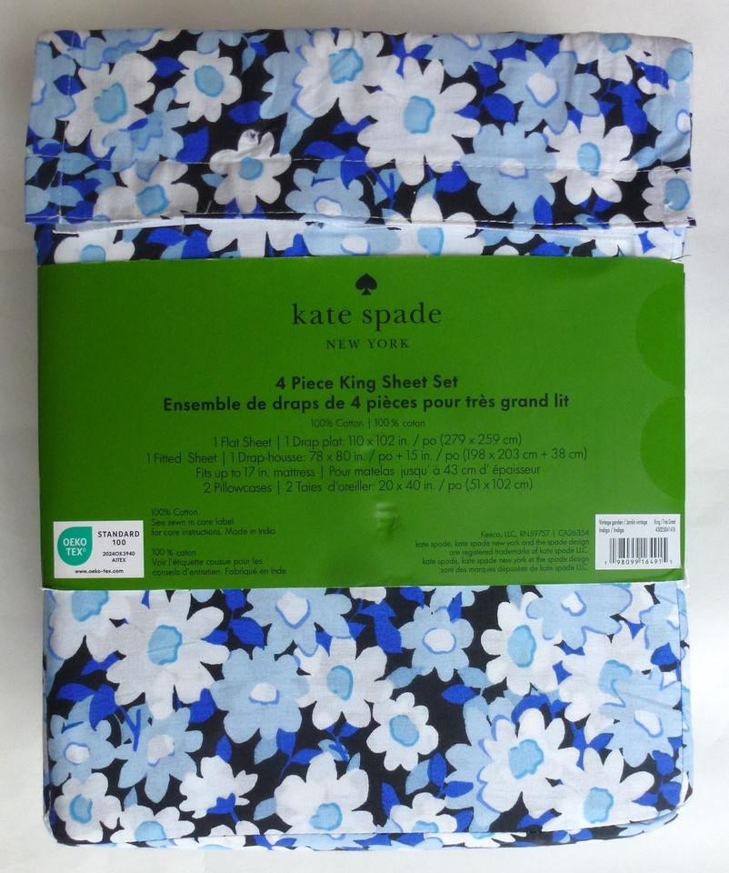 KATE SPADE 4pc Vintage Garden KING Sheet Set Indigo Blue Floral 100% ...
