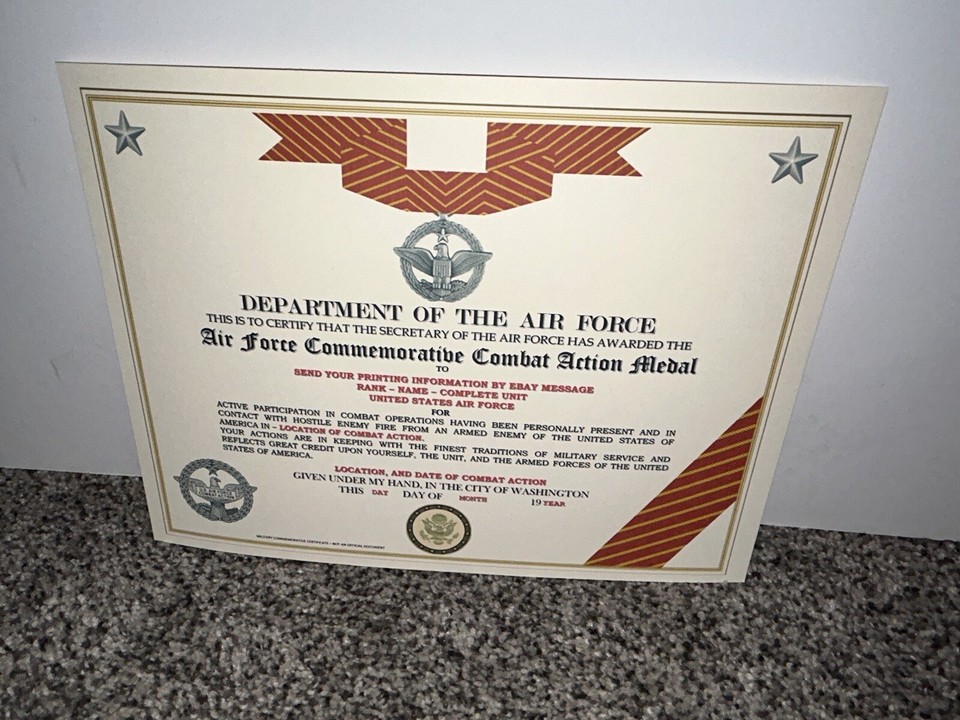 AIR FORCE COMBAT ACTION MEDAL COMMEMORATIVE CERTIFICATE ~ TYPE-2 / W ...