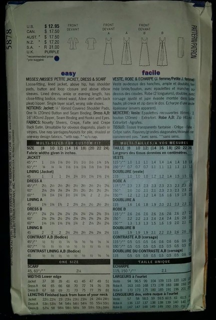 Butterick 5878 Sewing Pattern Uncut Misses Long Dress Jacket Scarf Size ...