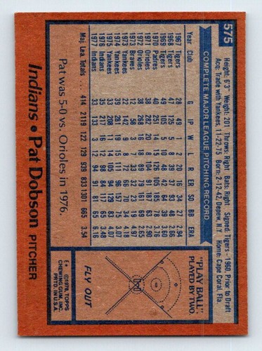 PAT DOBSON Cleveland Indians 1978 Topps Baseball Card B208 | eBay