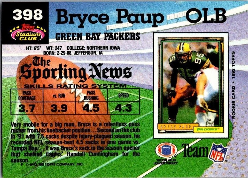 Bryce Paup 1992 Stadium Club #398 Green Bay Packers | eBay