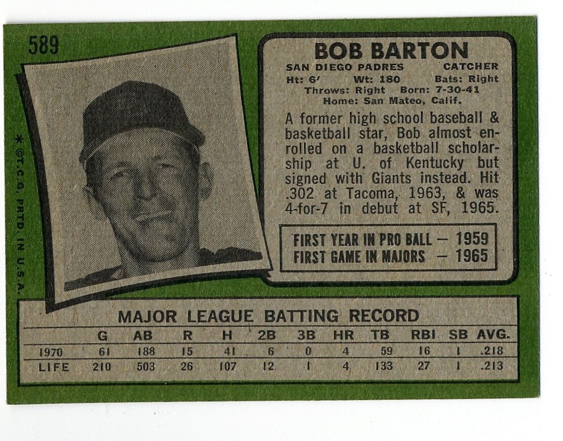 1971 TOPPS SAN DIEGO PADRES BOB BARTON #589 EX EXMT | eBay