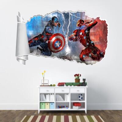 Captain America Iron Man Civil War 3D Torn Hole Ripped Wall Sticker ...
