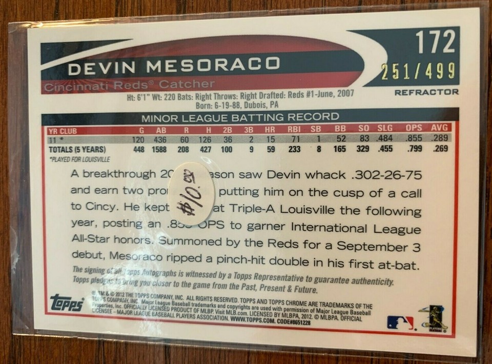 2012 Topps Chrome Devin Mesoraco Rookie Auto Autograph RC Reds K14 | eBay