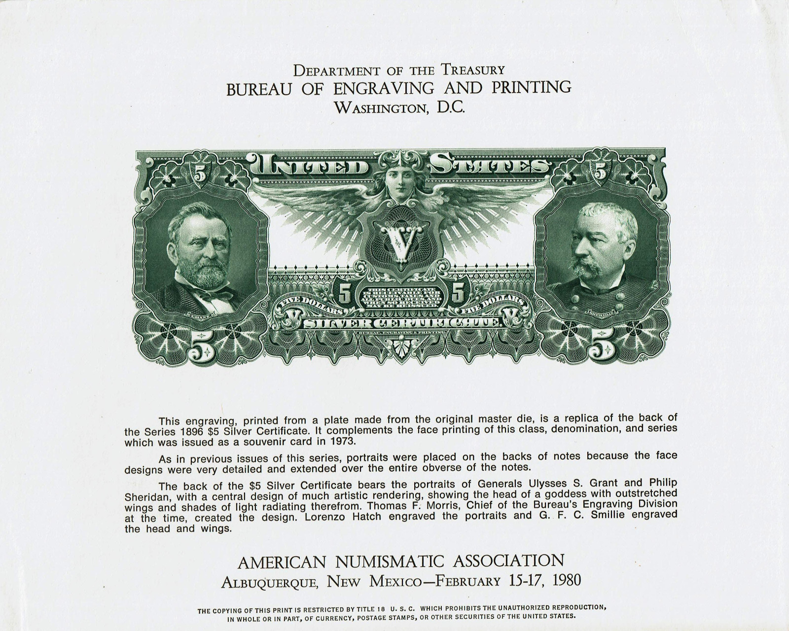 B46 $5.00 Silver Certificate Series 1896 US Bureau of Engraving Card ...