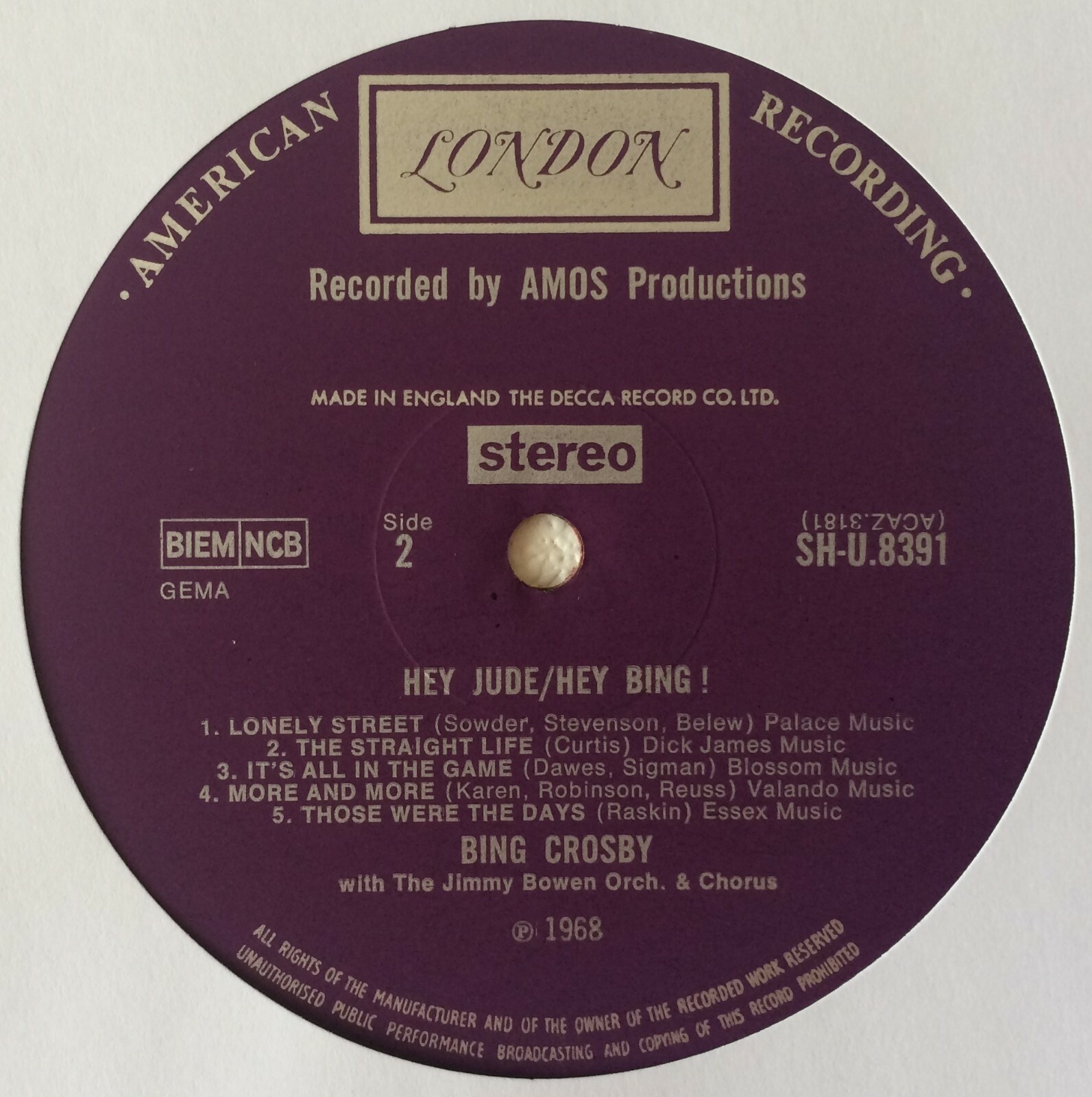 BING CROSBY ~ HEY JUDE / HEY BING! ~ 1968 UK 10-TRACK STEREO VINYL LP ...