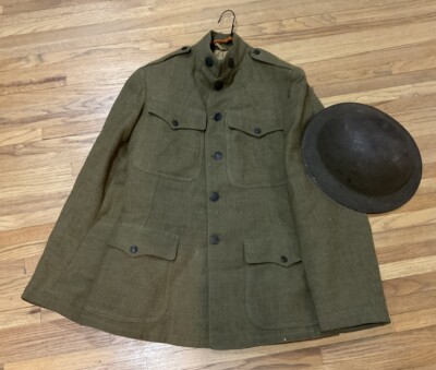 WW1 US ARMY AEF M1917 WOOL UNIFORM COAT COMBAT FIELD TUNIC & HELMET ...