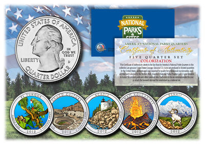 2012 America The Beautiful COLORIZED Quarters U.S. Parks 5-Coin Set w ...