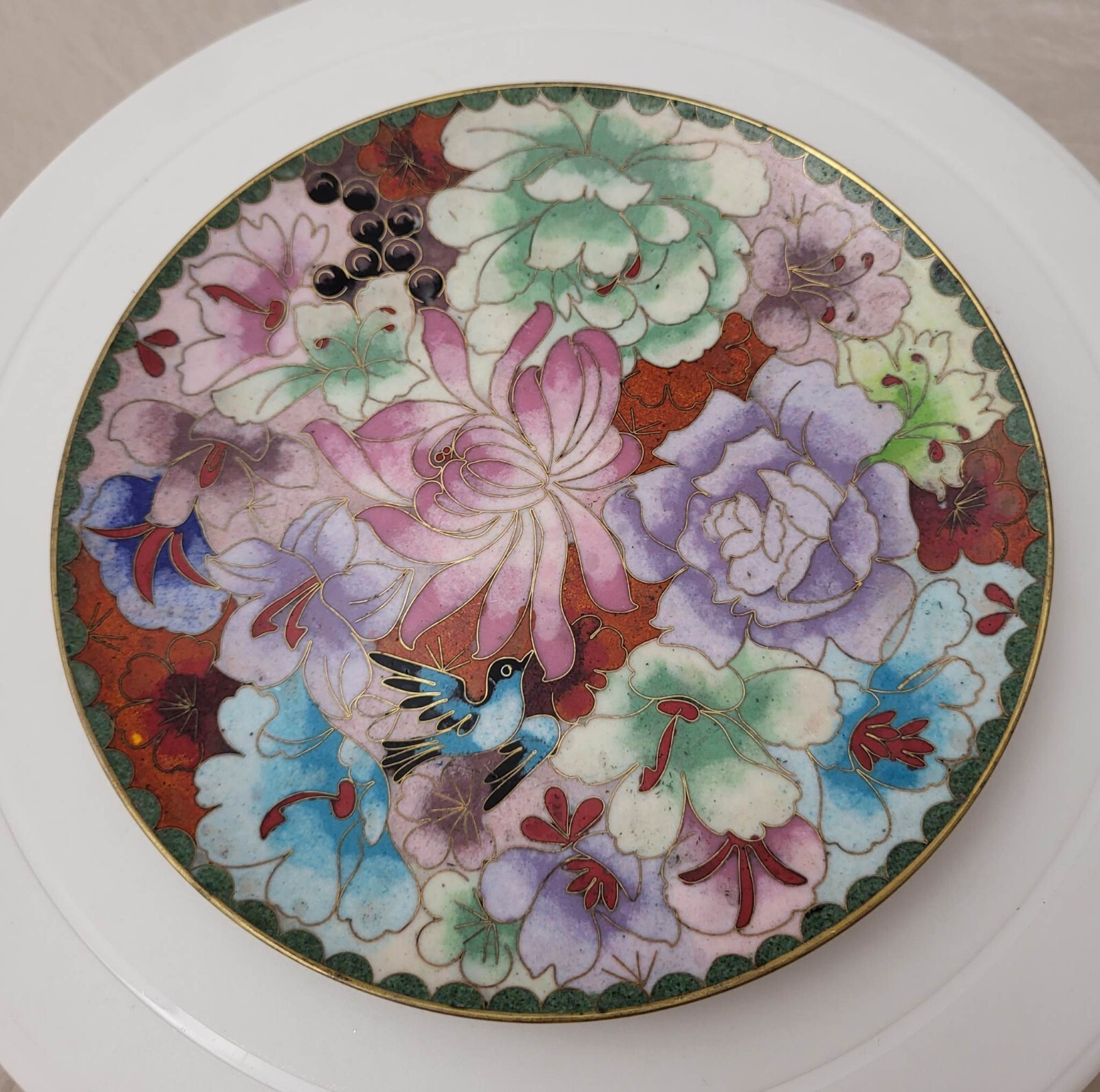 Vtg Cloisonne Brass And Enamel Plate w/ Multi color Flowers & Blue Bird ...