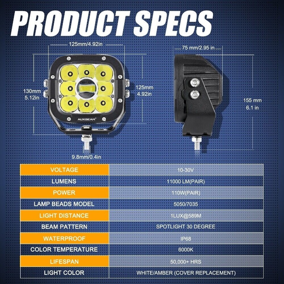 2x Auxbeam 5" LED Spot Pods Amber Fog LED Square Cube Lights for Can-am ...