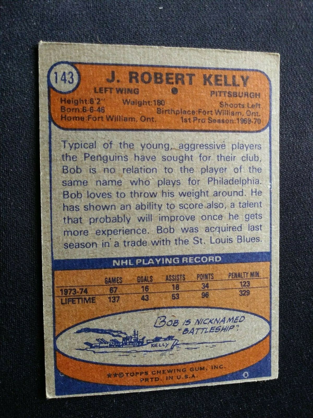 1974-75 Topps Hockey Card # 143 J. Bob Kelly RC - Pittsburgh Penguins ...