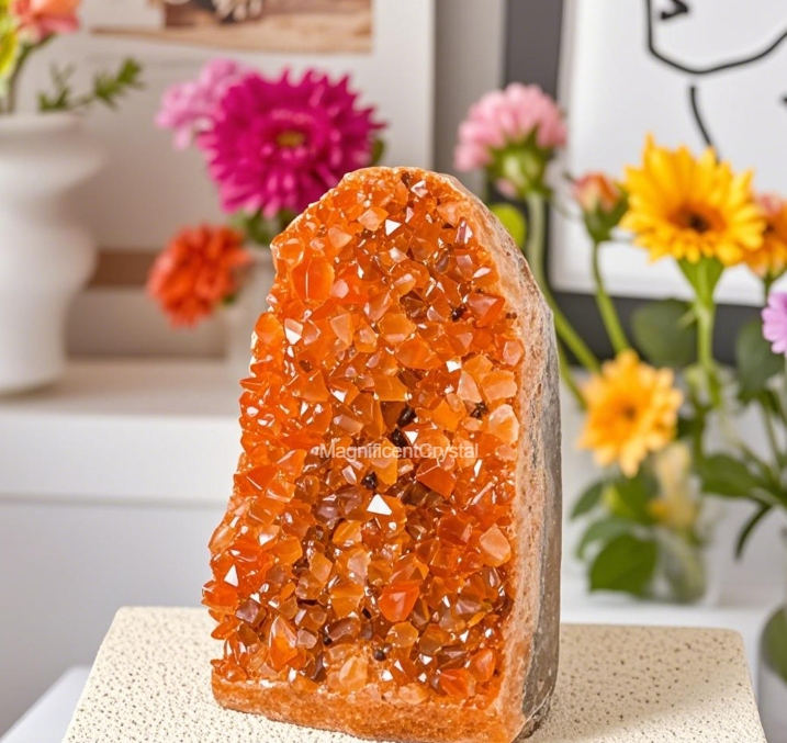 300G+Large Rare Orange Geode Quartz Cluster Crystal Healing Reiki Home ...