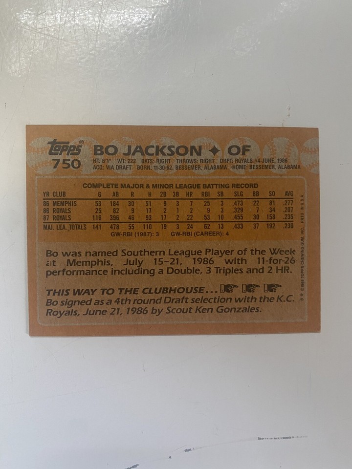 ULTRA RARE Bo Jackson Royals 1988 Topps #750 Error Card. Misprint ...