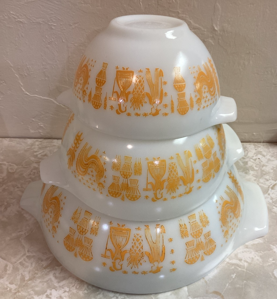 3 Rare Pyrex Pumpkin Amish Butterprint Cinderella Mixing Bowl Set 441 ...