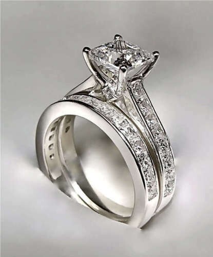 3Ct TCW Princess Cut Simulated Diamond Engagement Ring Set Solid 14k ...