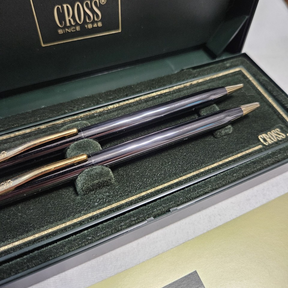 Cross Glossy Graphite & Gold Ballpoint Pen & Pencil Set w/ Box | eBay