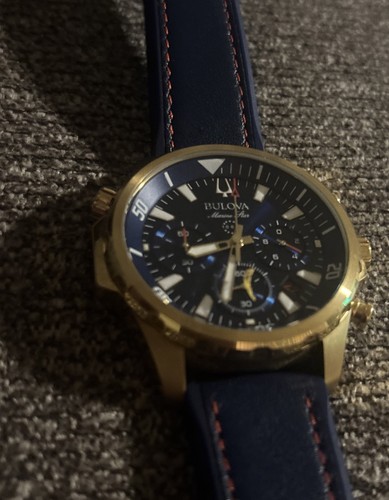Bulova Men Marine Star 97B168 Blue Dial/Gold Accents Quartz Silicone ...