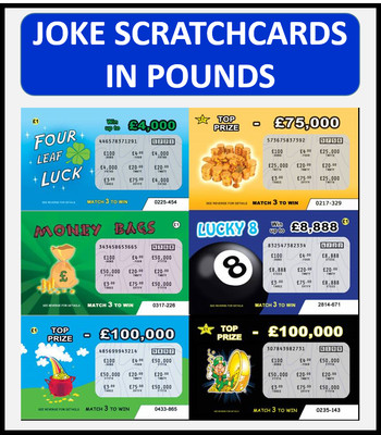 100 Joke Prank Lottery scratch cards FAKE (6 designs) Great for xmas ...