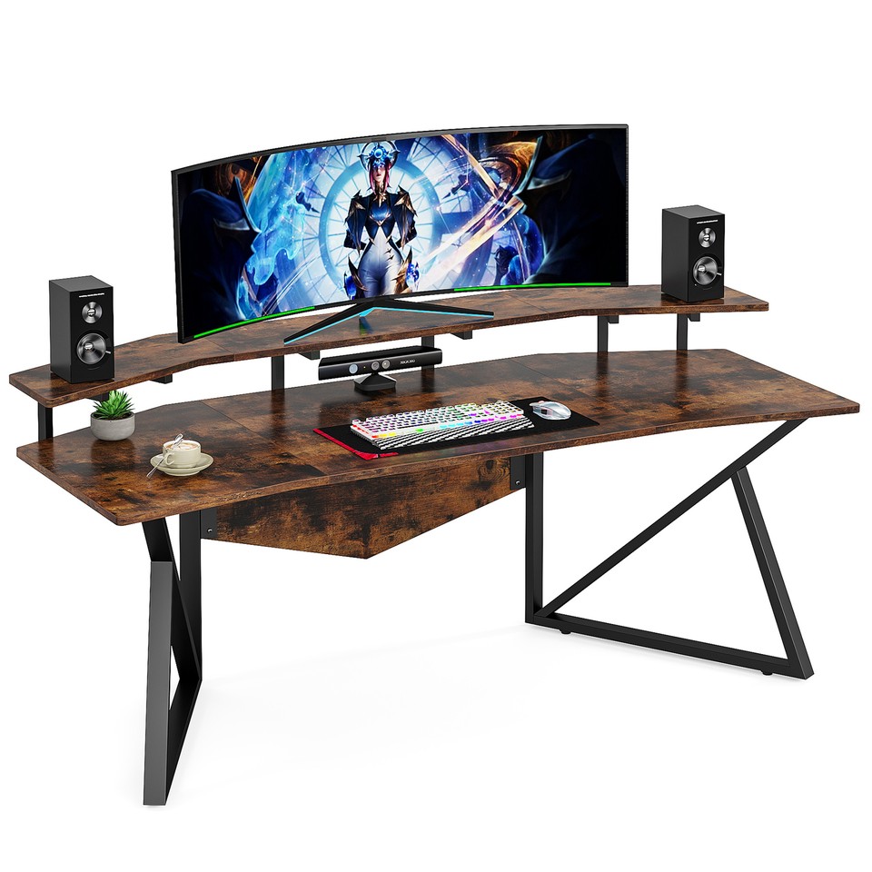 71" Large Computer Desk w/ Monitor Stand, Study Writing Gaming Desk ...