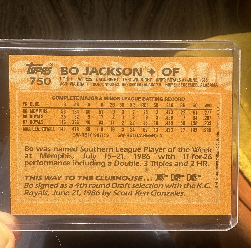 *HOLY GRAIL BO* Bo Jackson 1988 TOPPS #750 MULTIPLE ERRORS Baseball ...