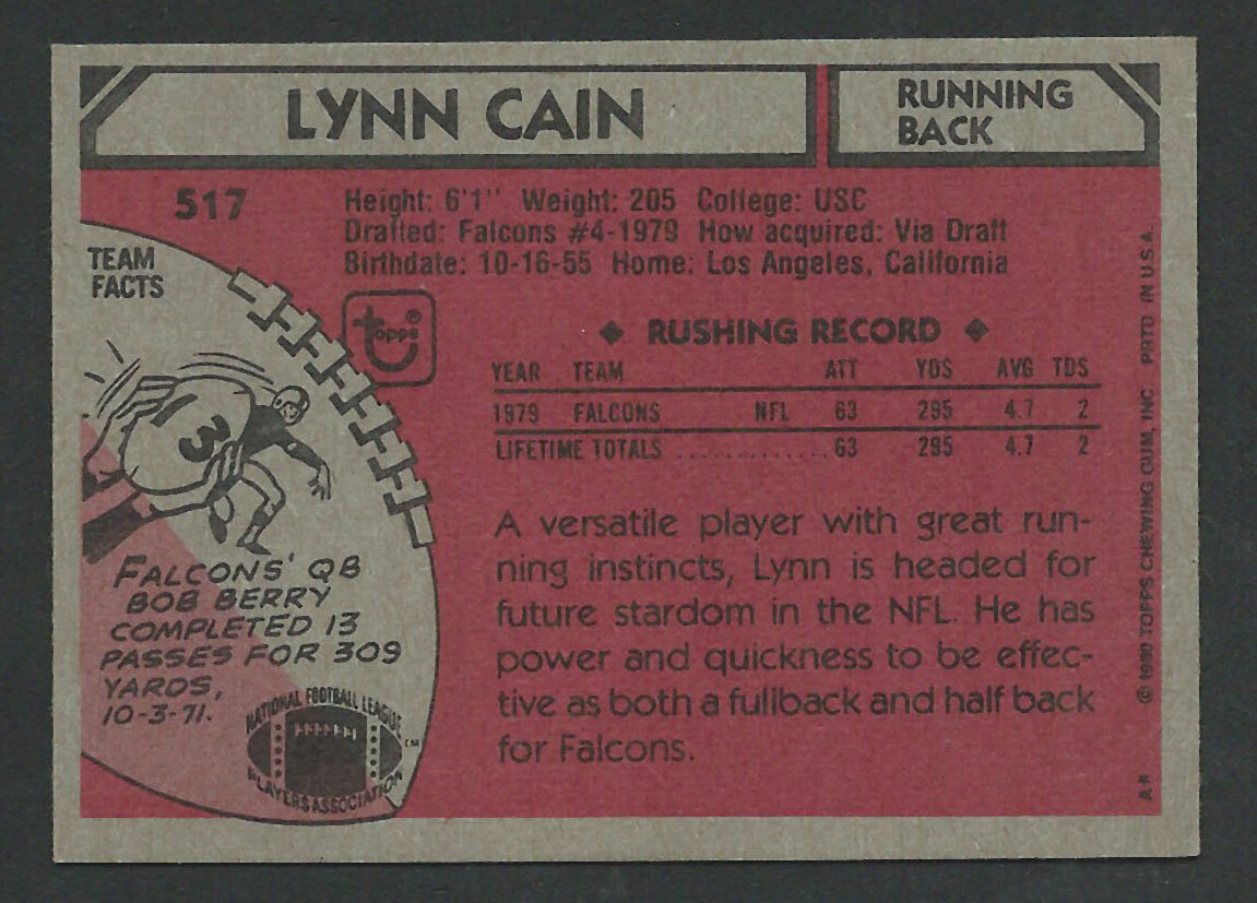 1980 TOPPS #517 LYNN CAIN Atlanta Falcons ROOKIE - Crease Free Card | eBay