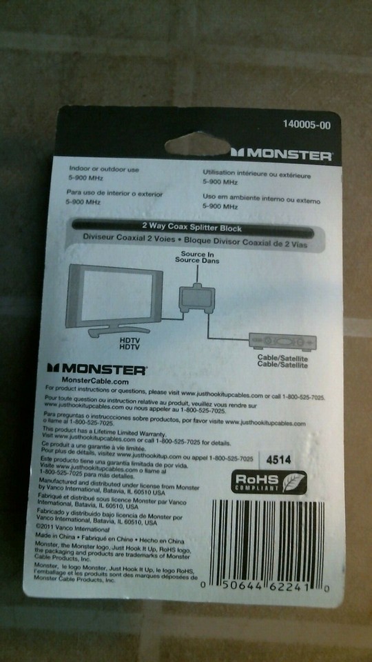 Monster Just Hook it 140005-00 2 Way Coax Splitter Block, Video, FREE ...