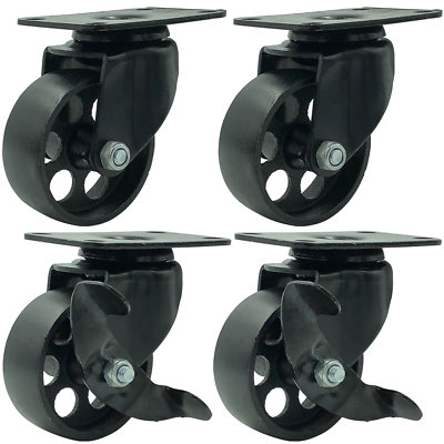 4 All Black Metal Swivel Plate Caster Wheels w/ Brake Lock Heavy Duty ...