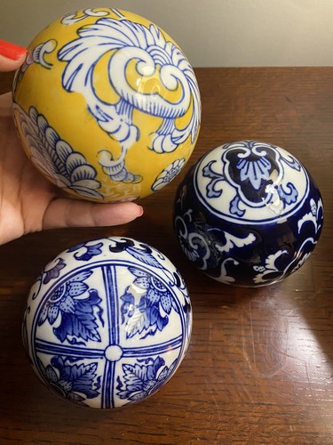 Cobalt Blue & White Yellow Chinoiserie Spheres Ceramic Large Carpet ...