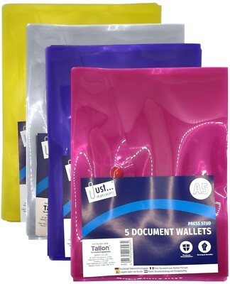 5pck Plastic A5 wallets Stud Document Wallet Files Folders Filing ...