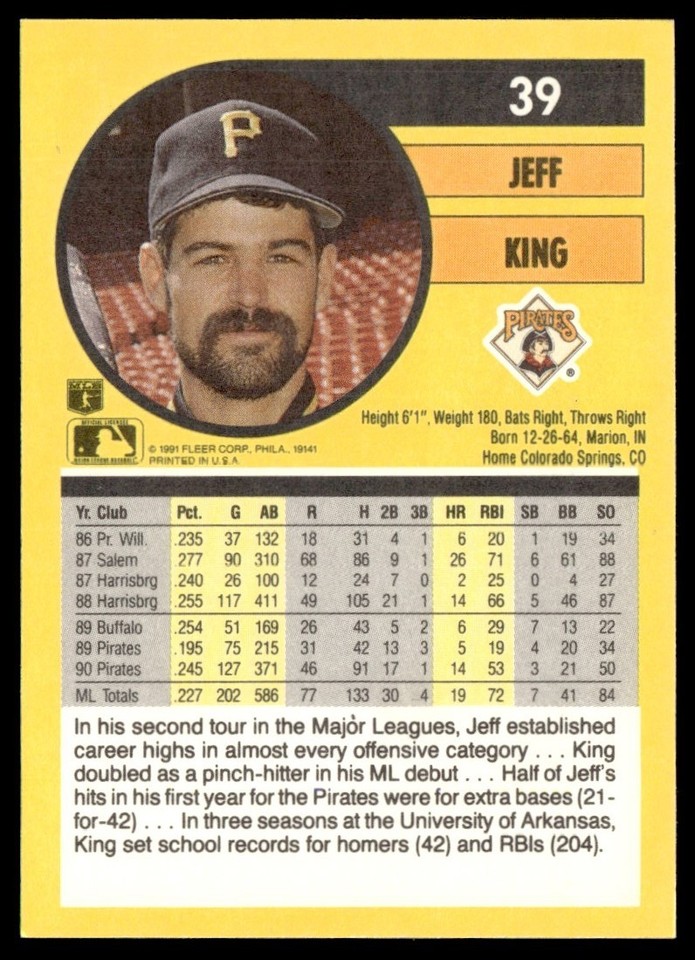 1991 Fleer Jeff King Pittsburgh Pirates #39 | eBay