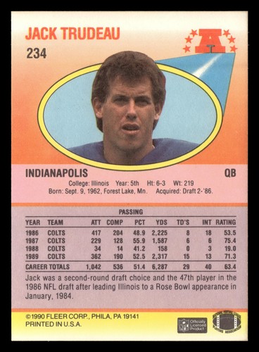 Jack Trudeau 1990 Fleer #234 Indianapolis Colts FOOTBALL *075 | eBay