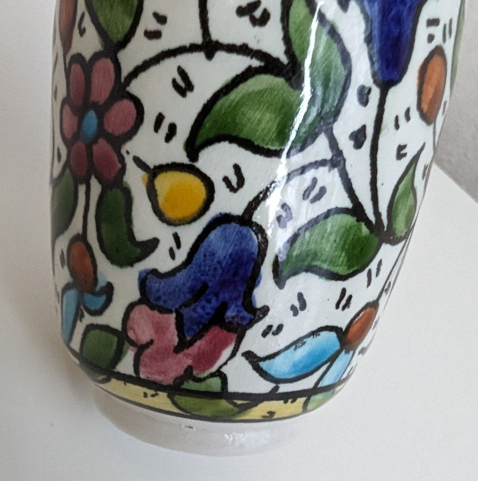 Pottery mini pitcher vase colorful floral Armenian ? Italian ? skinny 5 ...