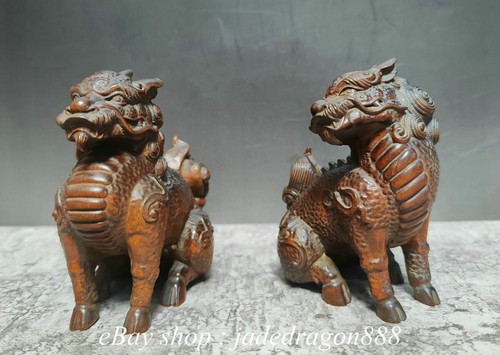 3.2" Chinese Wood Boxwood Carving Pair Sit Qilin Chi-lin Dragon Beast ...