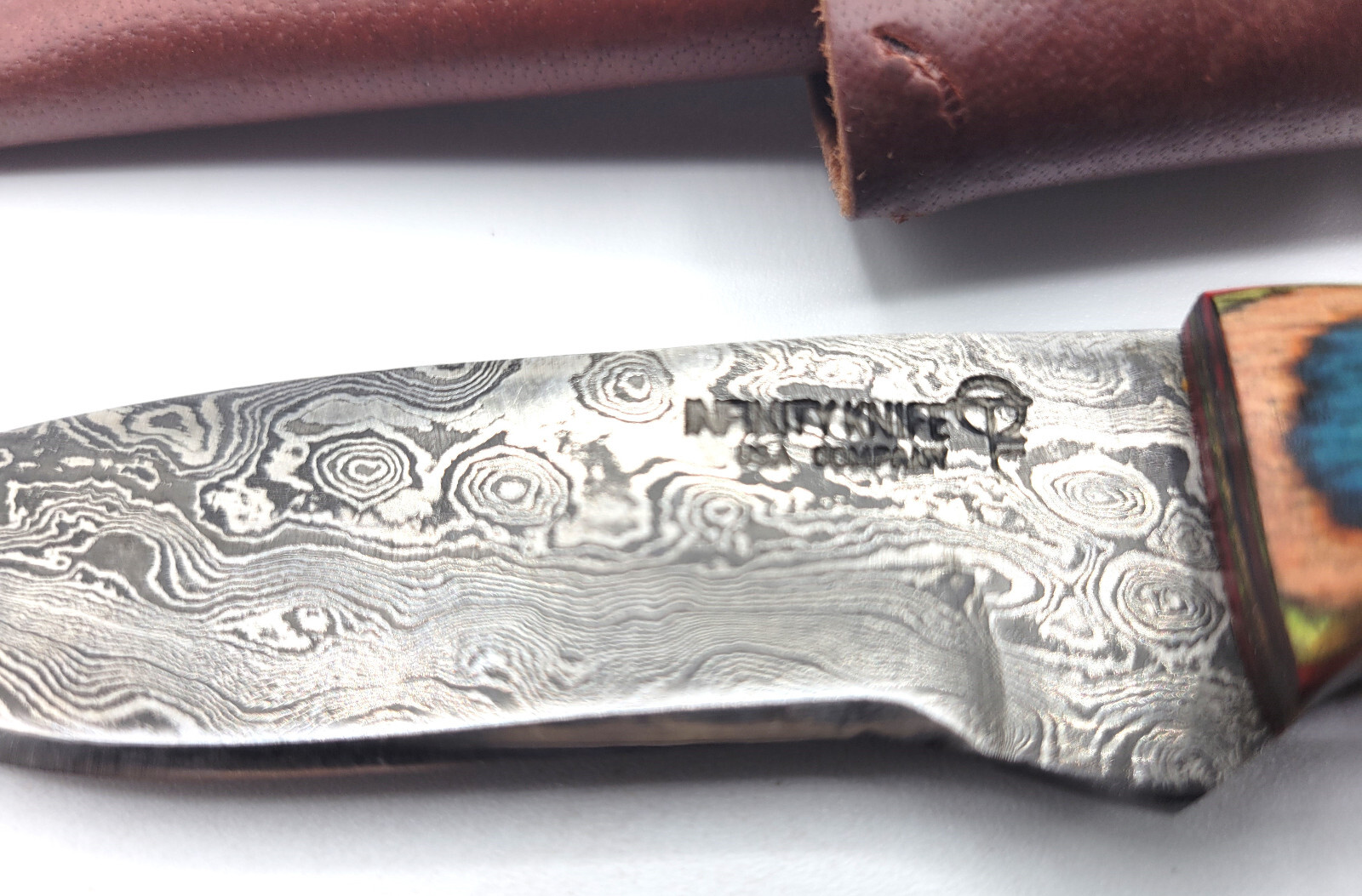Damascus Steel Fixed Blade Wood Handle Infinity USA Knife & Sheath Hunting Blue | eBay