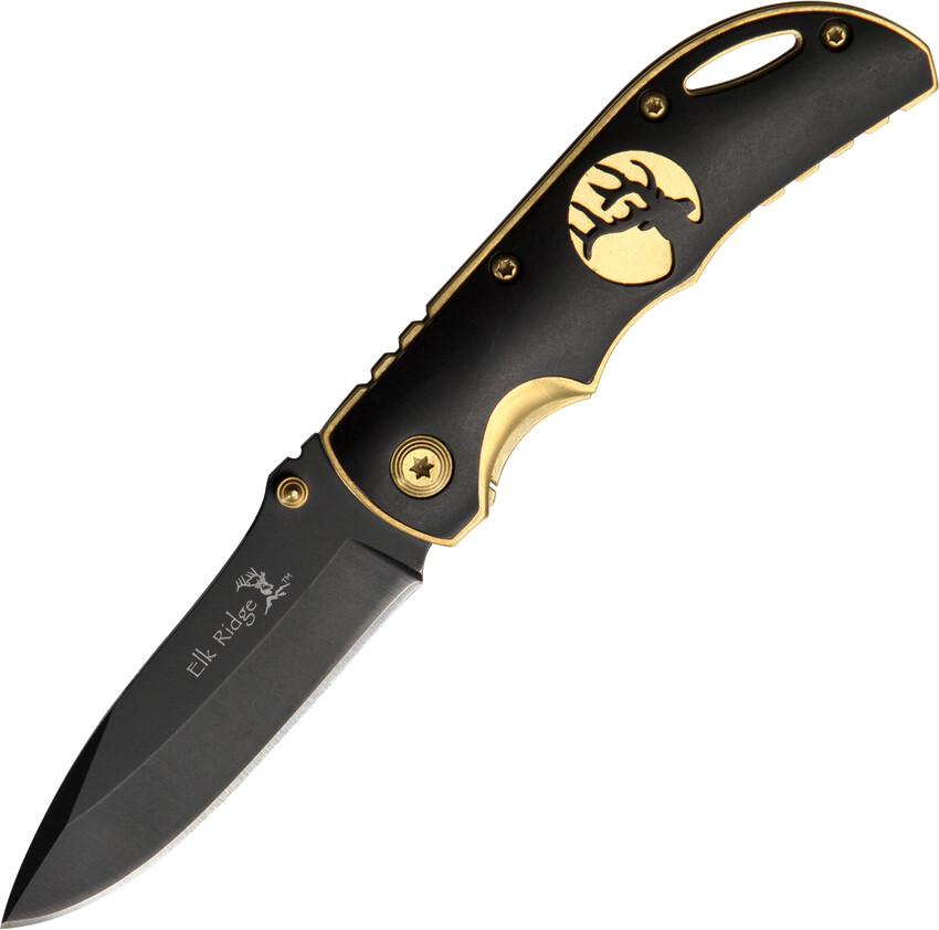 Elk Ridge Gold Titanium Black Stainless Linerlock Folding Pocket Knife ...