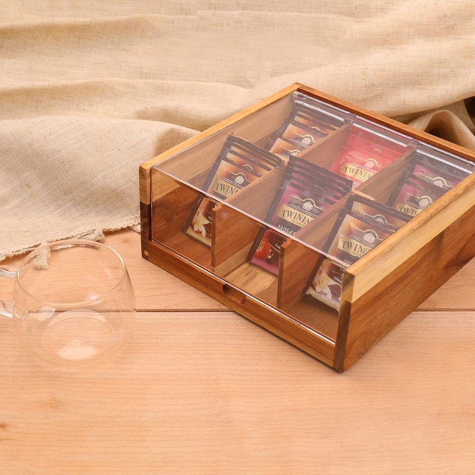 Acacia Wood Tea Bag Organizer Storage Gift Box 6 Compartments Tea Chest ...