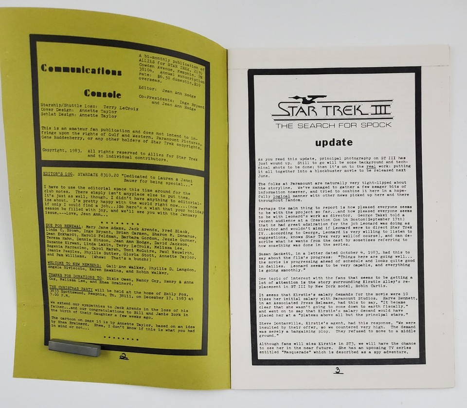 1983 Memphis TN Allies For Star Trek III Spock Com Con Fan Club Vintage ...