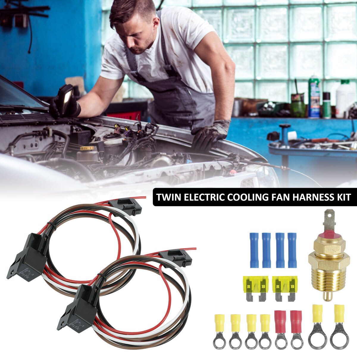 Dual Electric Fan Relay Kit with Thermostatic Sensor Switch Safe ...