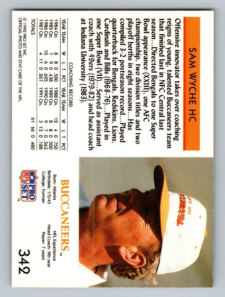 1992 Pro Set #342 Sam Wyche HC Tampa Bay Buccaneers | eBay